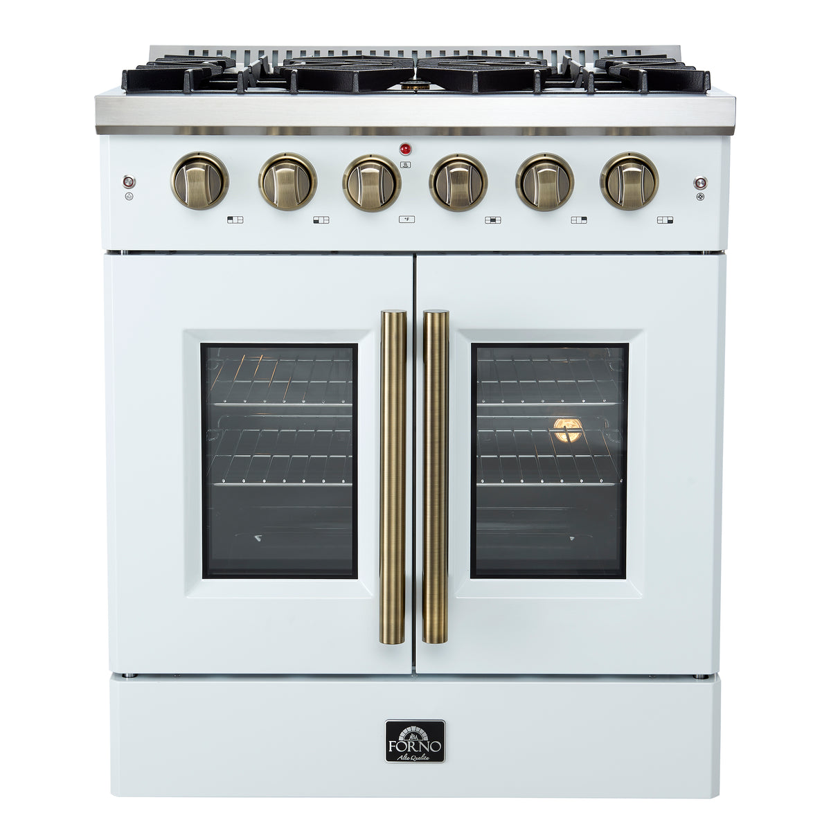 Forno Galiano 30-inch French Door Gas Range White with Antique Brass D ...